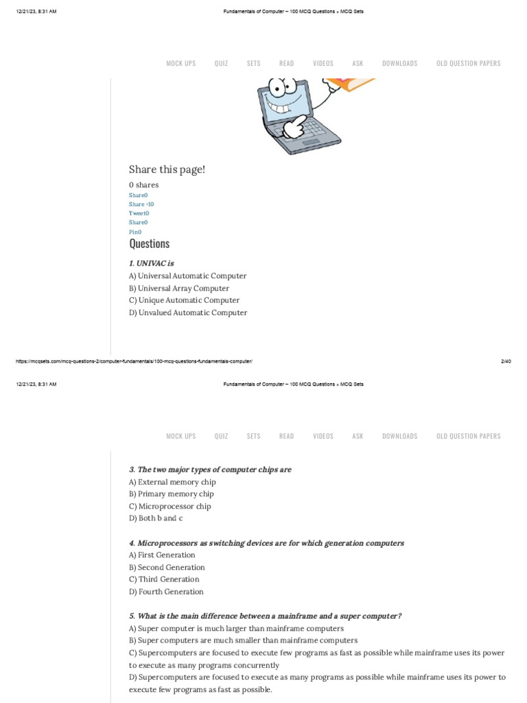 Fundamentals of Computer - 100 MCQ Questions MCQ Sets | PDF | Computer Data Storage | Random ...