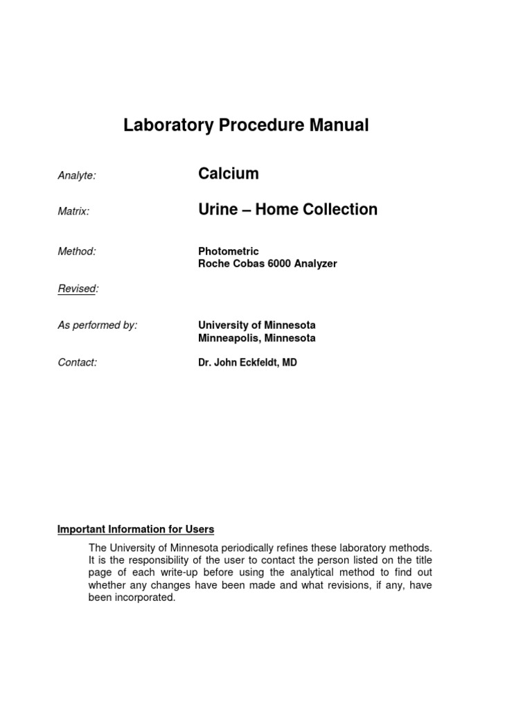 Calcium Urine Test Protocol Manual | PDF