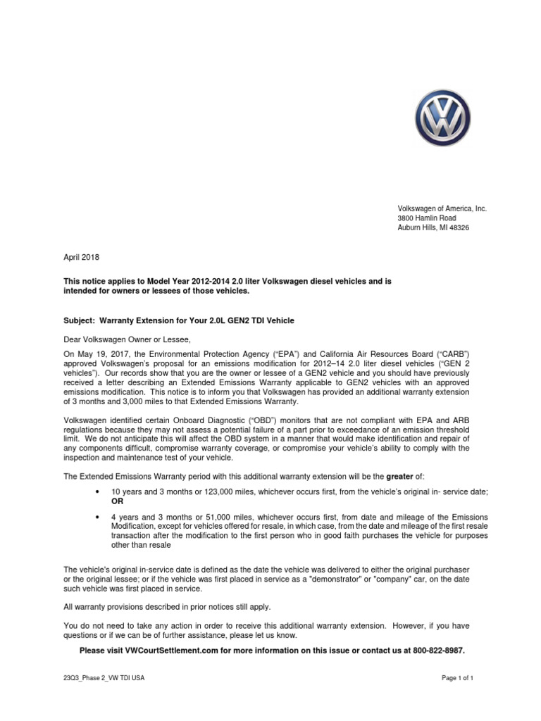 VWCourtSettlement Emissions Disclosure Gen2 Automatic Final | PDF ...