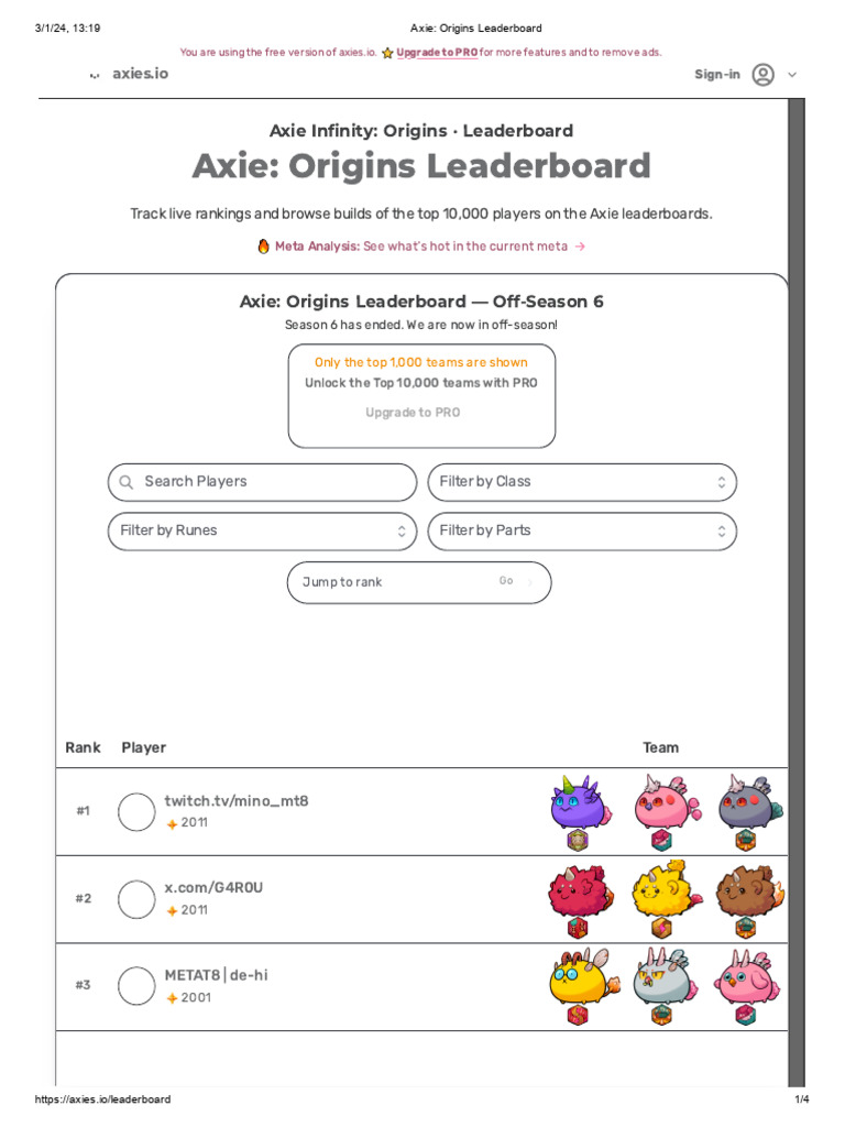 Axie - Origins Leaderboard 03012024 | PDF