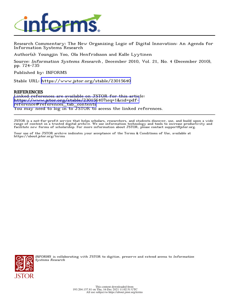 Research Commentary - The New Organizing Logic of Digital Innovation | PDF | Computer Network ...