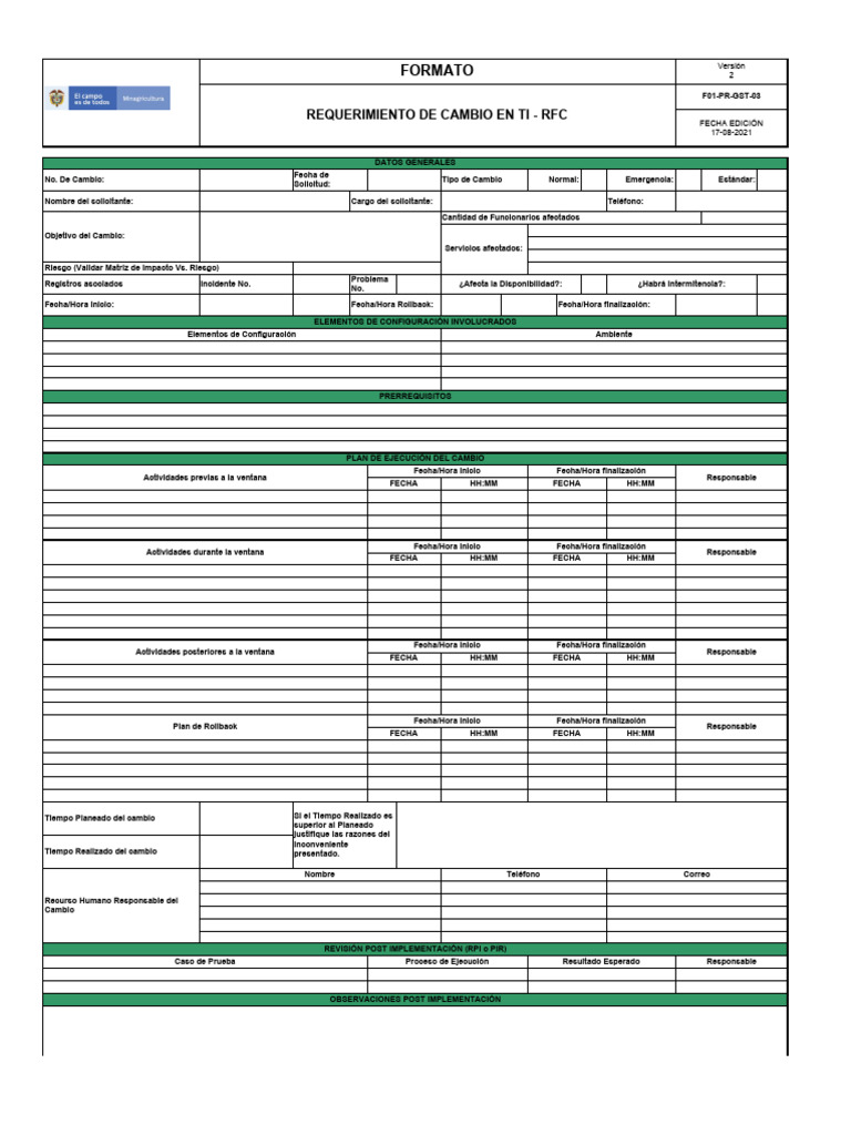 Formato Requerimiento de Cambio de TI RFC V2 | PDF