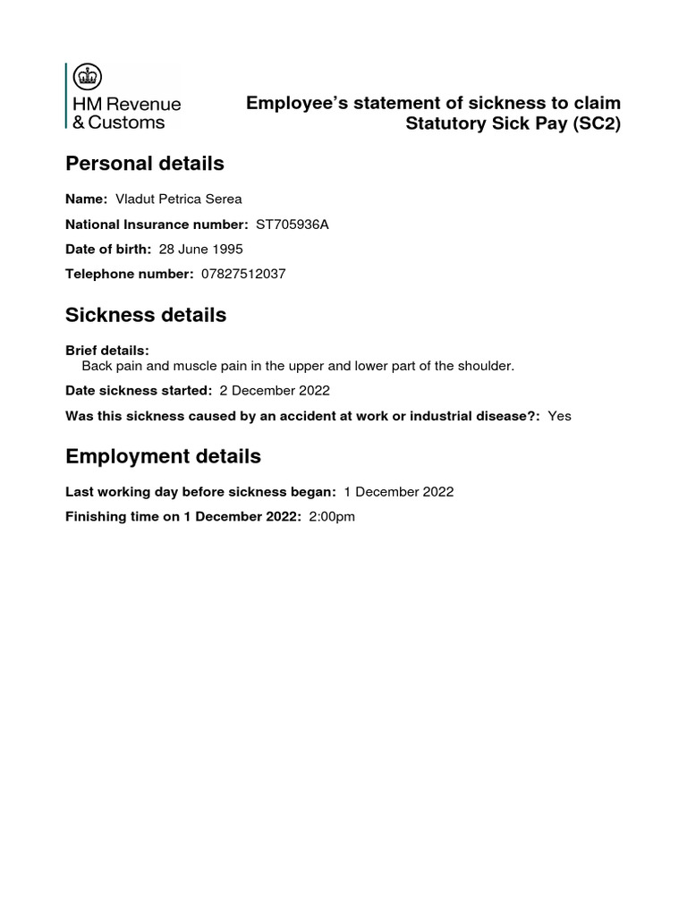 Claim Statutory Sick Pay Sc2 | PDF