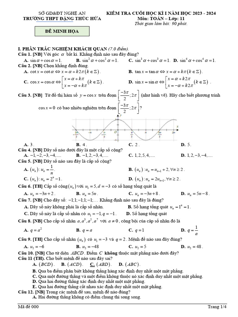 De Minh Hoa Ki 1 Toan 11 Nam 2023 2024 Truong THPT Dang Thuc Hua Nghe An | PDF