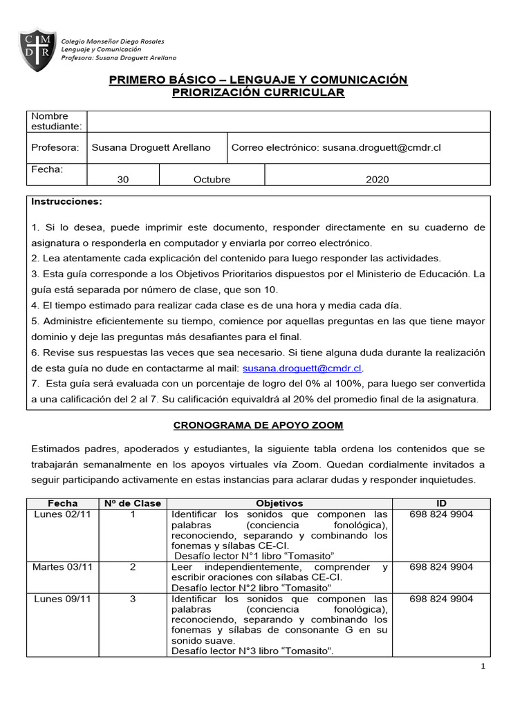 Guía N°8 Lenguaje 1º Básico | PDF