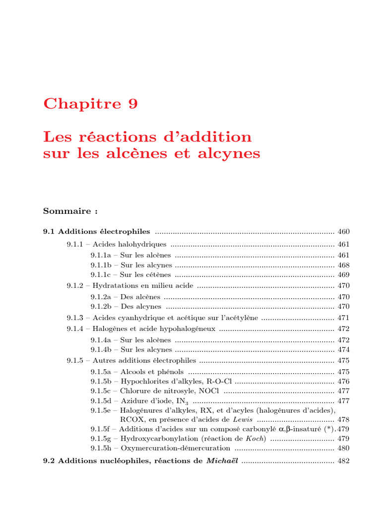 Chapitre 9 Les Réactions D'addition Sur Les Alcènes Et Alcynes | PDF