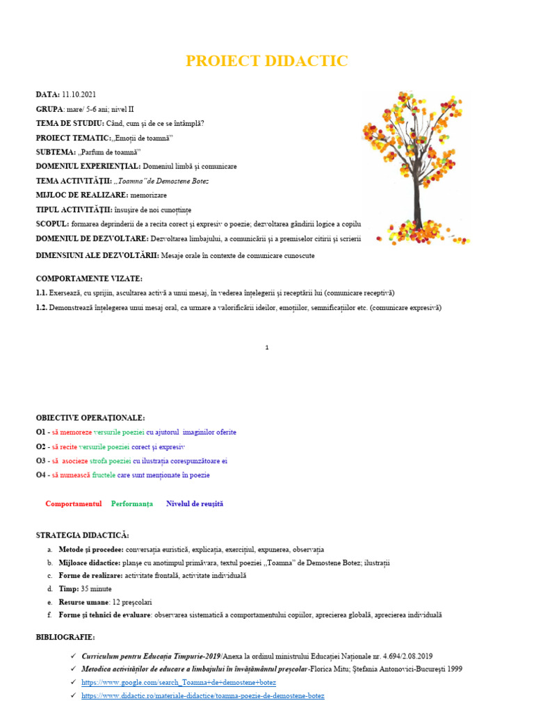 Proiect Didactic Memorizare Toamna de Demostene Botez Grupa Mare | PDF