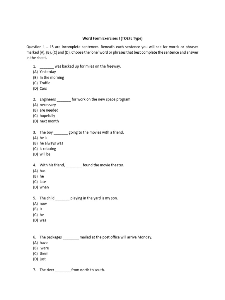 Word Form Exercises TOEFL Type 1 | PDF