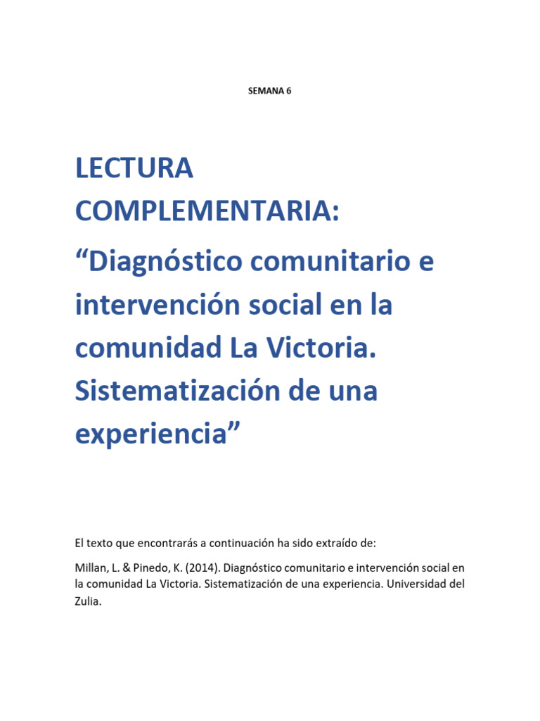 Lectura Complementaria: "Diagnóstico Comunitario e Intervención Social en La Comunidad La ...