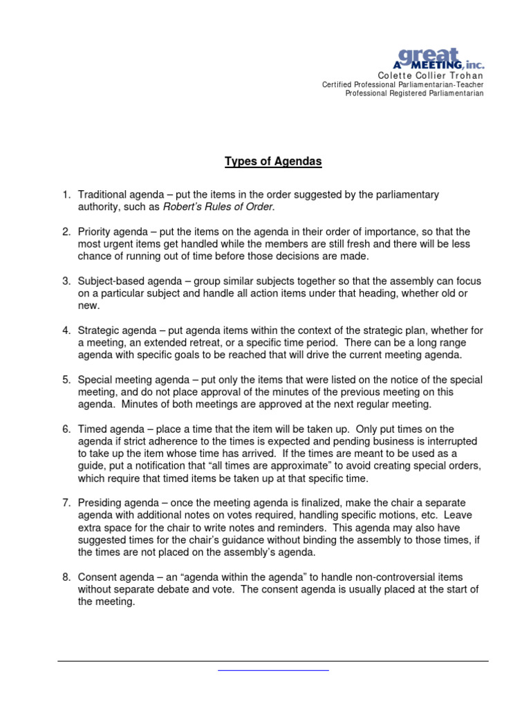 Types of Agendas: Colette Collier Trohan | PDF | Agenda (Meeting ...