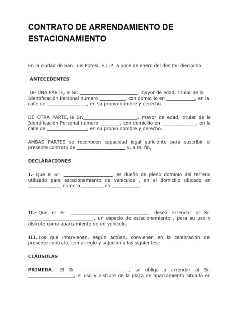 Contrato de Arrendamiento de Estacionamiento 01 | PDF Contrato de Arrendamiento de Estacionamiento 01 | PDF