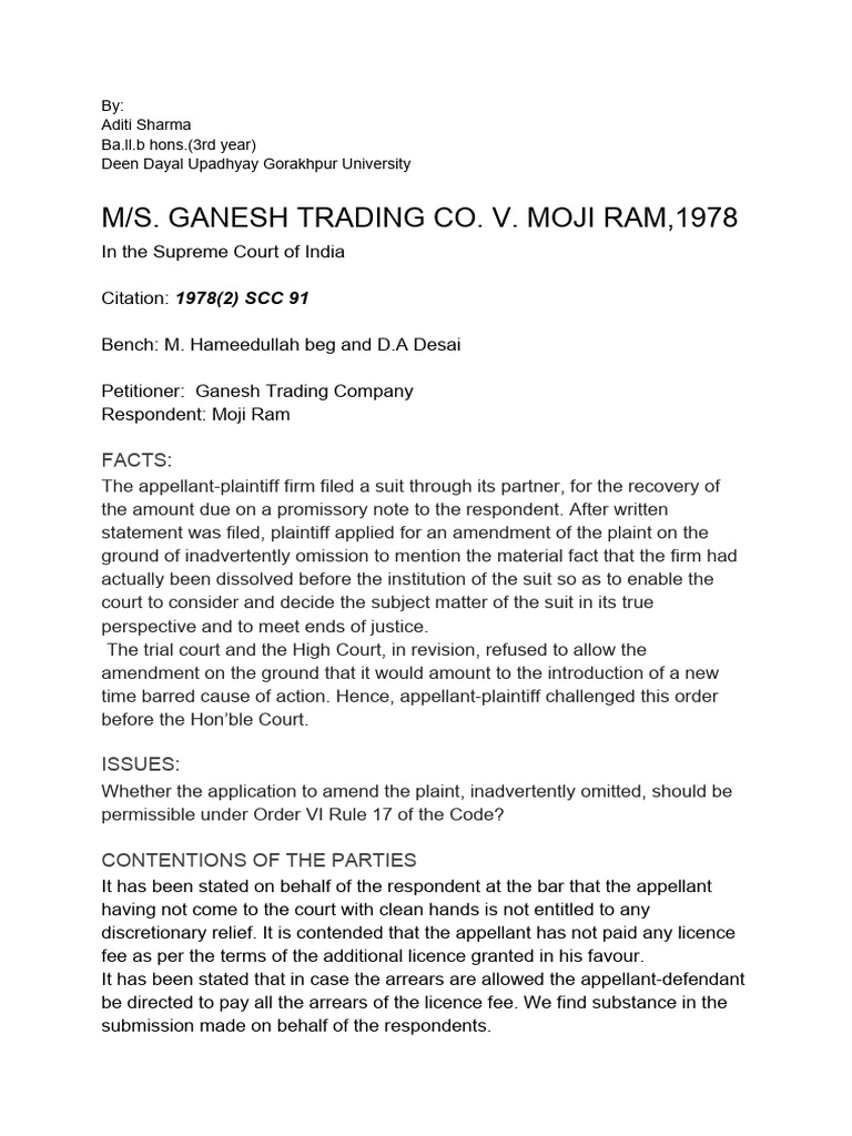 Ms Ganesh Trading Co. v. Moji Ram 1978 | PDF