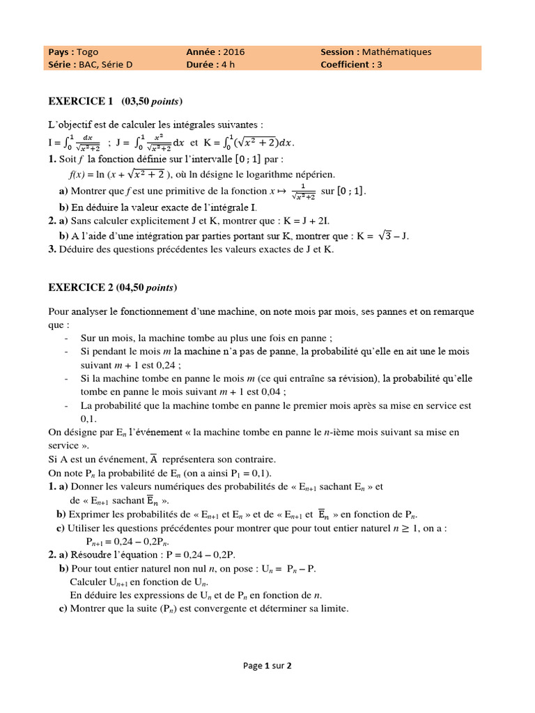 Preuve de Mathématiques, BAC Série D, Année 2024, Togo | PDF | Fonction (Mathématiques ...