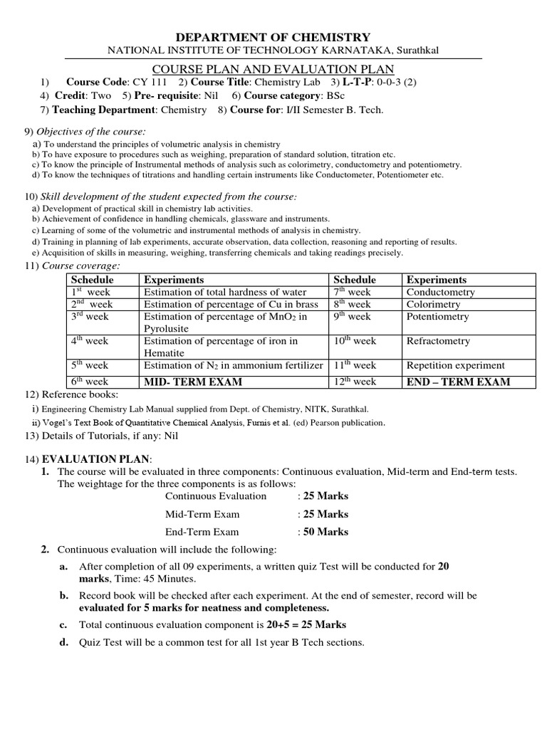 CY 111 COURSE EVALUATION PLAN Jan 2024 | PDF | Chemistry | Physical ...