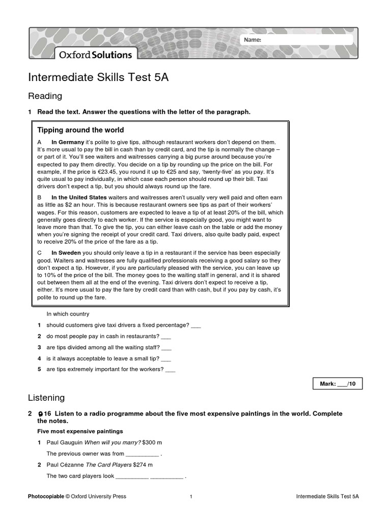 Oxford Solutions Intermediate Skills Test 5 A | PDF | Gratuity ...