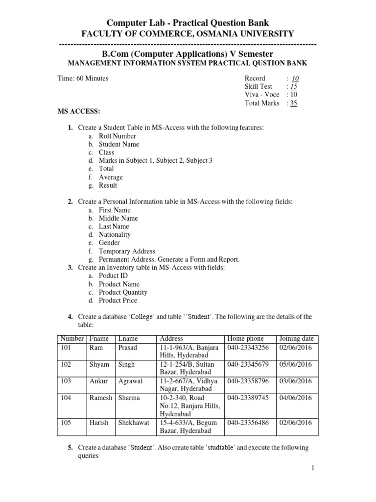 MIS-Practical Question Bank | PDF | Microsoft Access | Databases