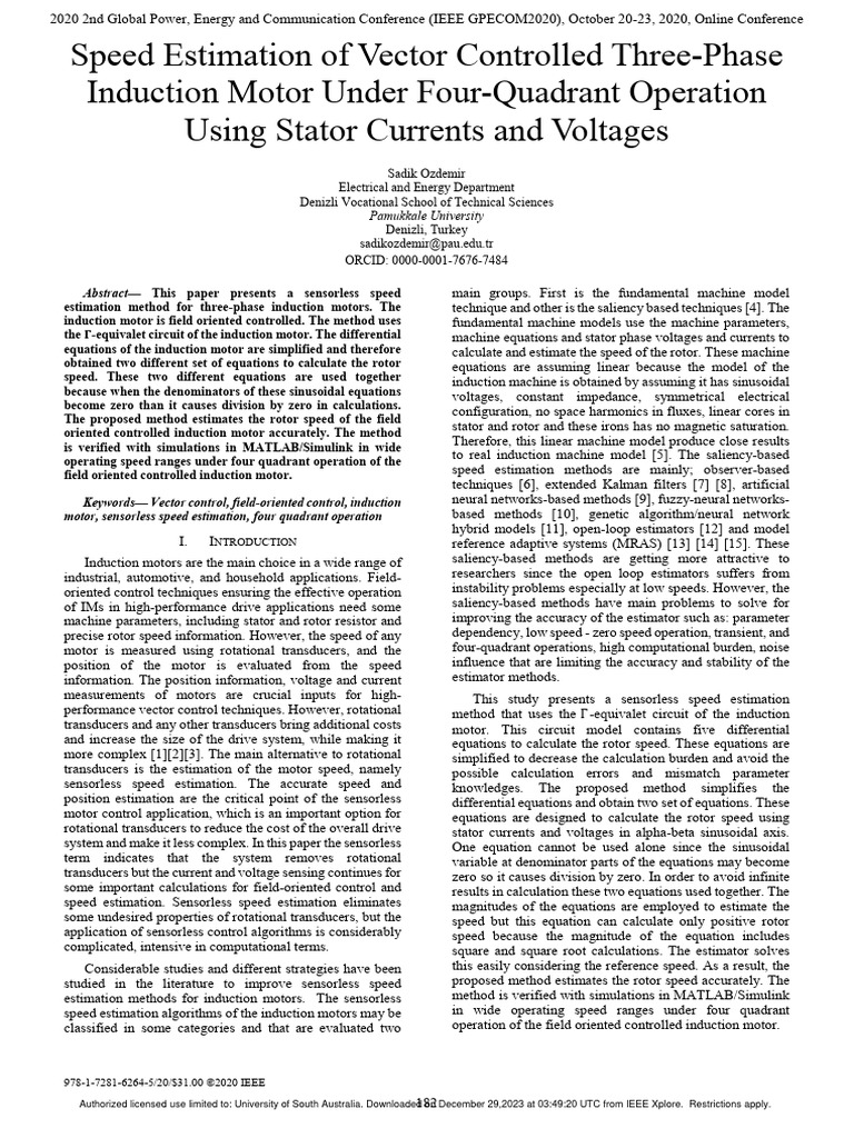Speed Estimation of Vector Controlled Three-Phase Induction Motor Under Four-Quadrant Operation ...