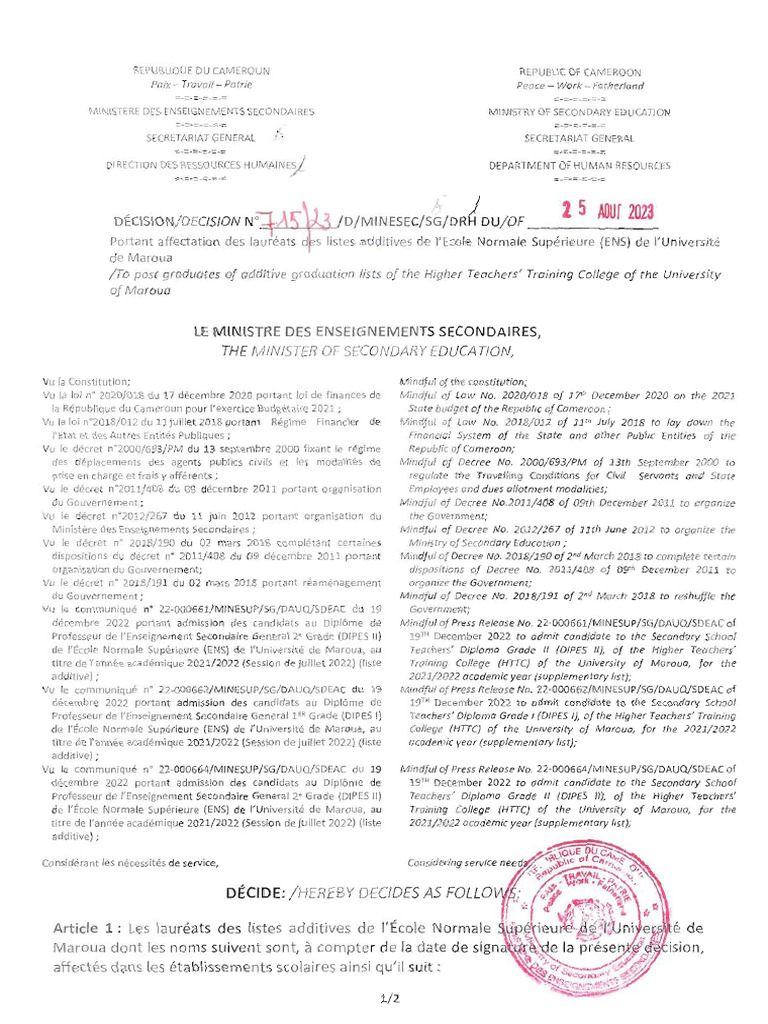 Affectation ENS Maroua 25 AOUT 2023 | PDF