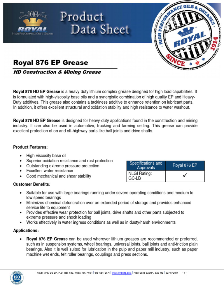 Royal 876 EP Grease | PDF | Bearing (Mechanical) | Mechanical Engineering