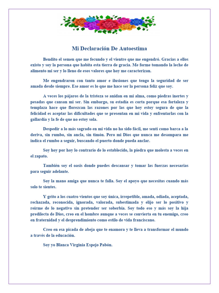 Mi Declaración de Autoestima | PDF