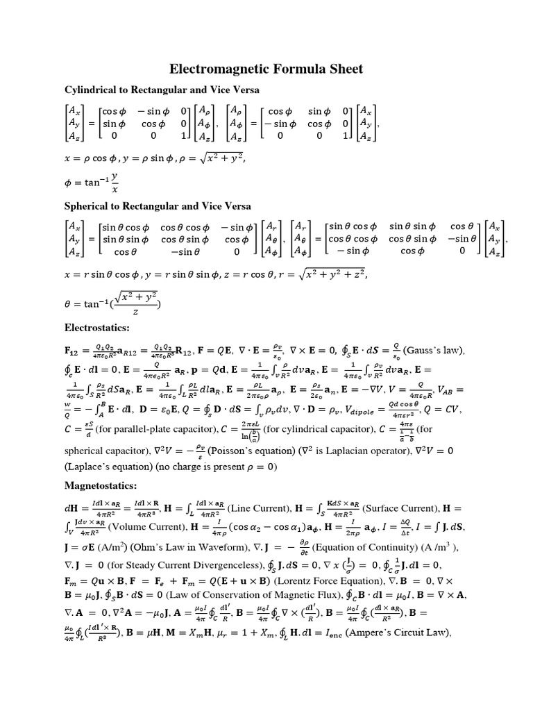 Electromagnetic Formula SheetA4 | PDF | Mathematical Objects | Equations