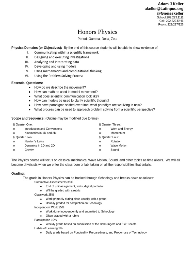 Honors Physics 2022-2023 Syllabus | PDF