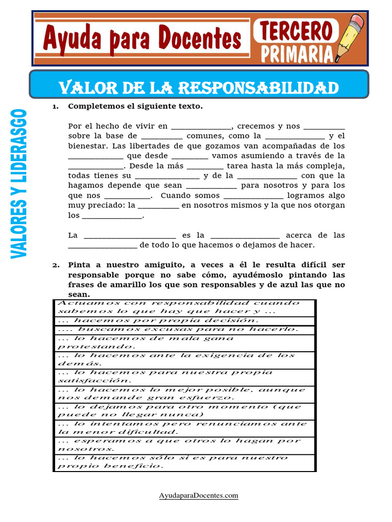 Fichas-de-Valor-de-la-Responsabilidad-para-Tercero-de-Primaria | PDF
