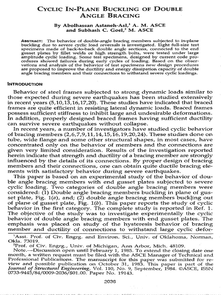 1984-Astaneh-CYCLIC IN-PLANE BUCKLING OF DOUBLE Angle Bracing | PDF
