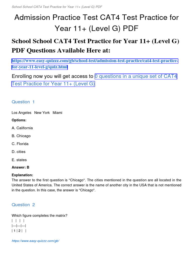 Cat4 Test Practice For Year 11 Level G | PDF | Cognition