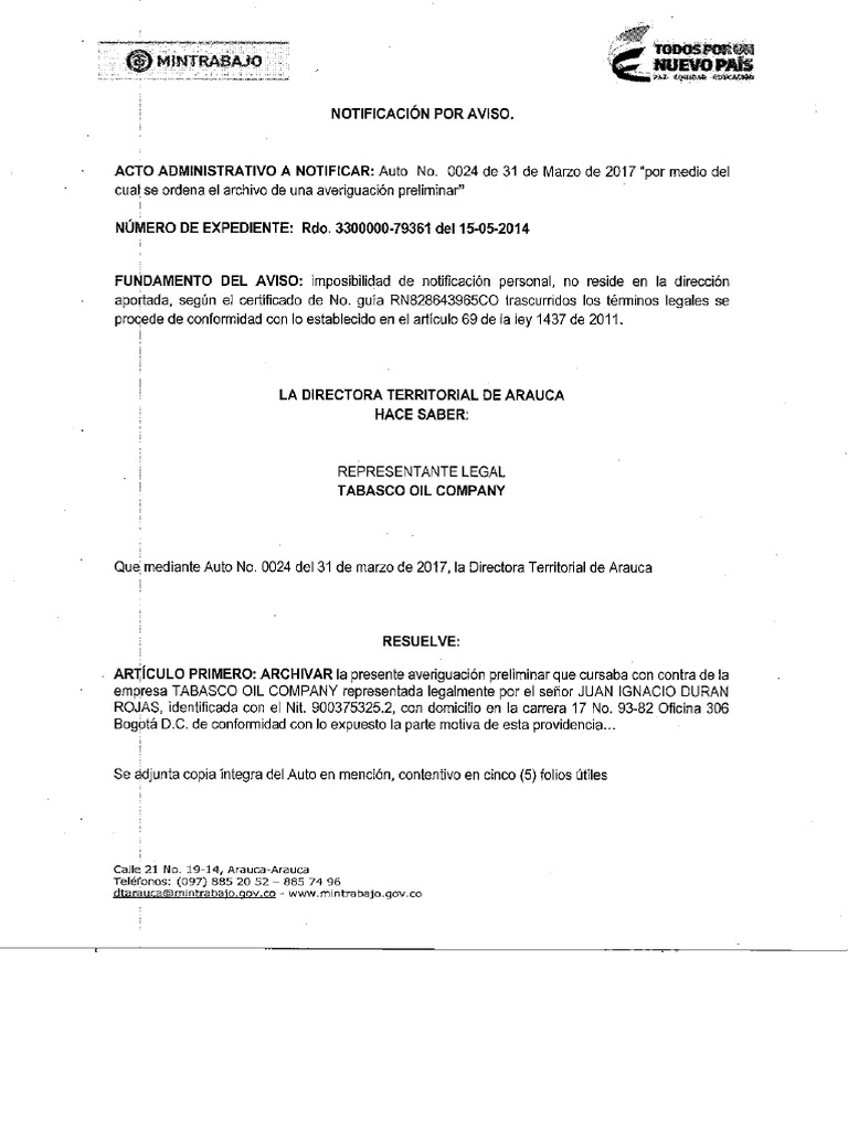Notificación Aviso DT Arauca Auto 0024 TABASCO OIL COMPANY | PDF