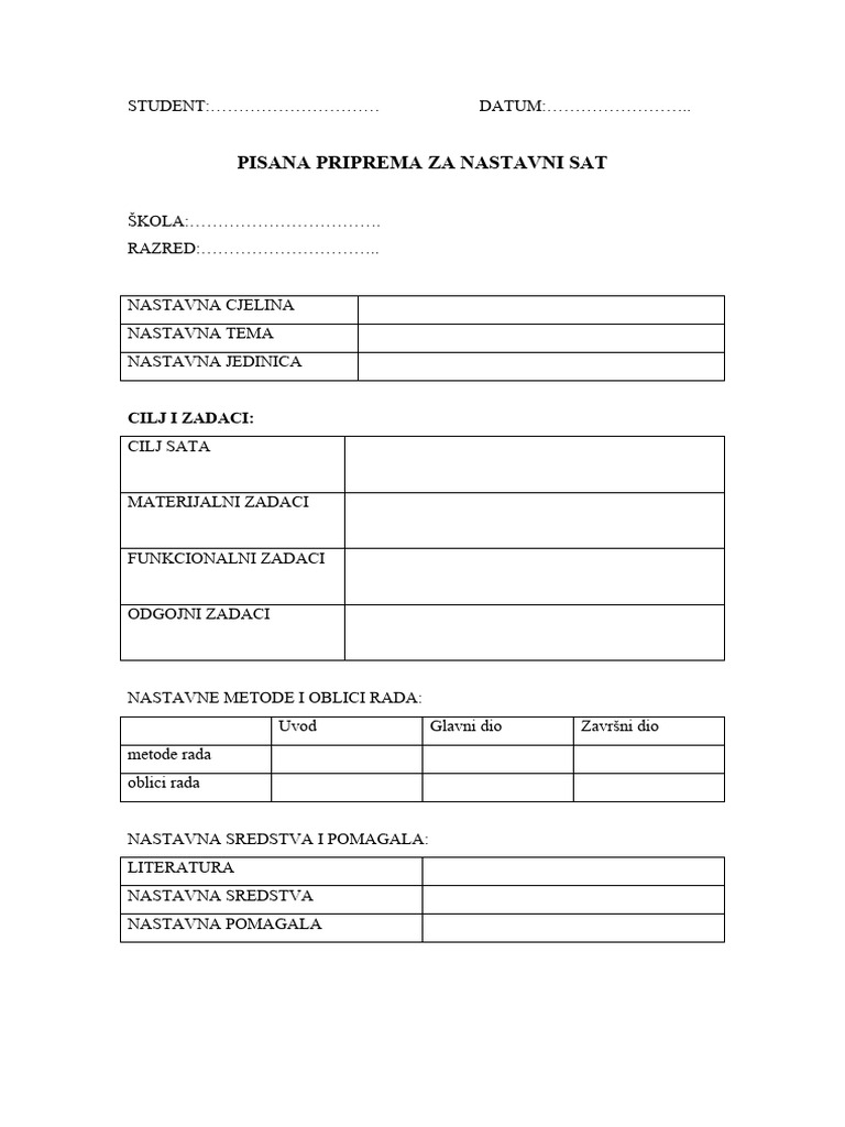 Obrazac Nastavne Pripreme | PDF