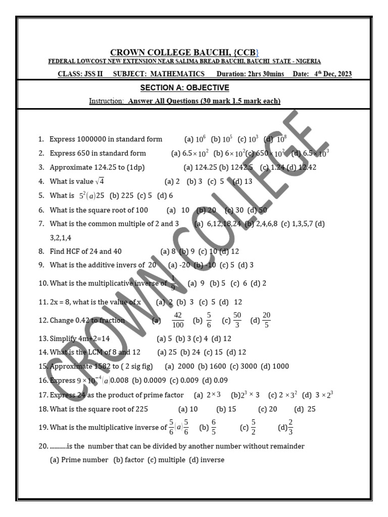 Updated JSS Ii Crown Math-1 | PDF | Mathematical Objects | Mathematical ...