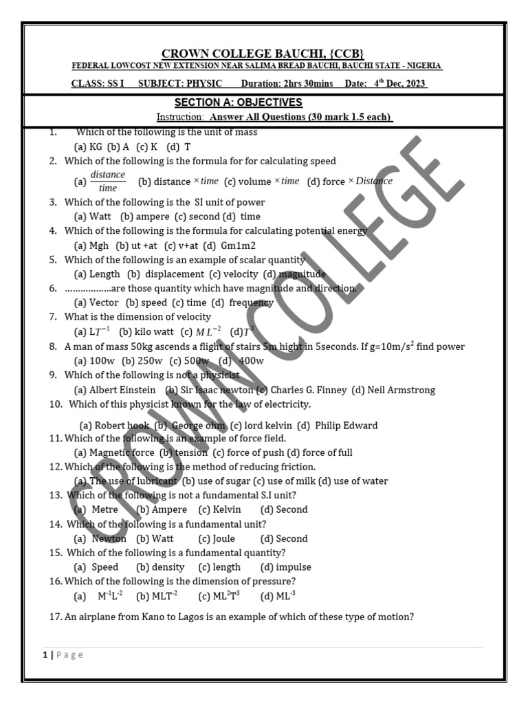 SS1 Physics Exam Questions and Notes | PDF