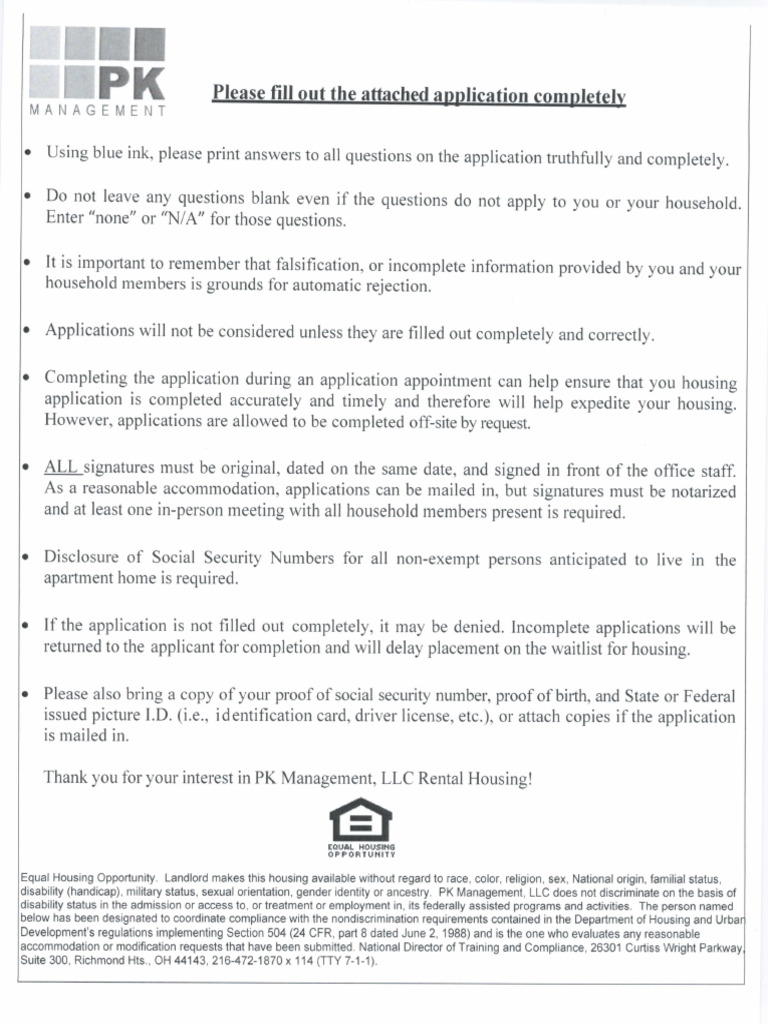 PK Management Housing Application Guide | PDF