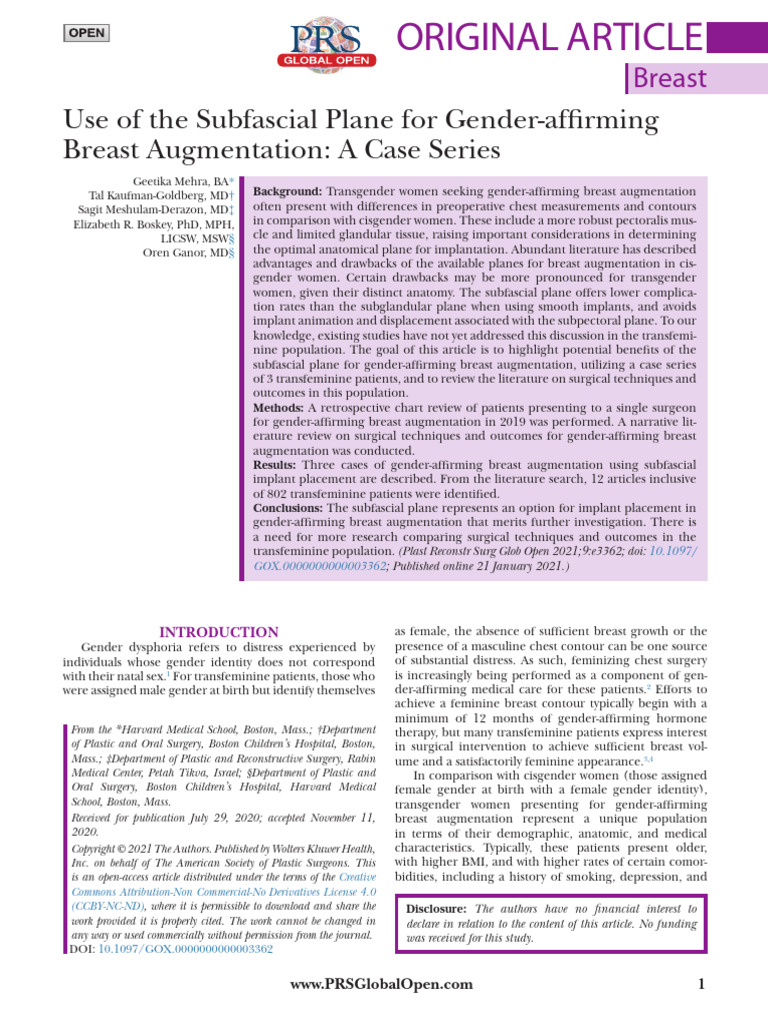 Use of The Subfascial Plane For Gender-Affirming B | PDF | Breast ...