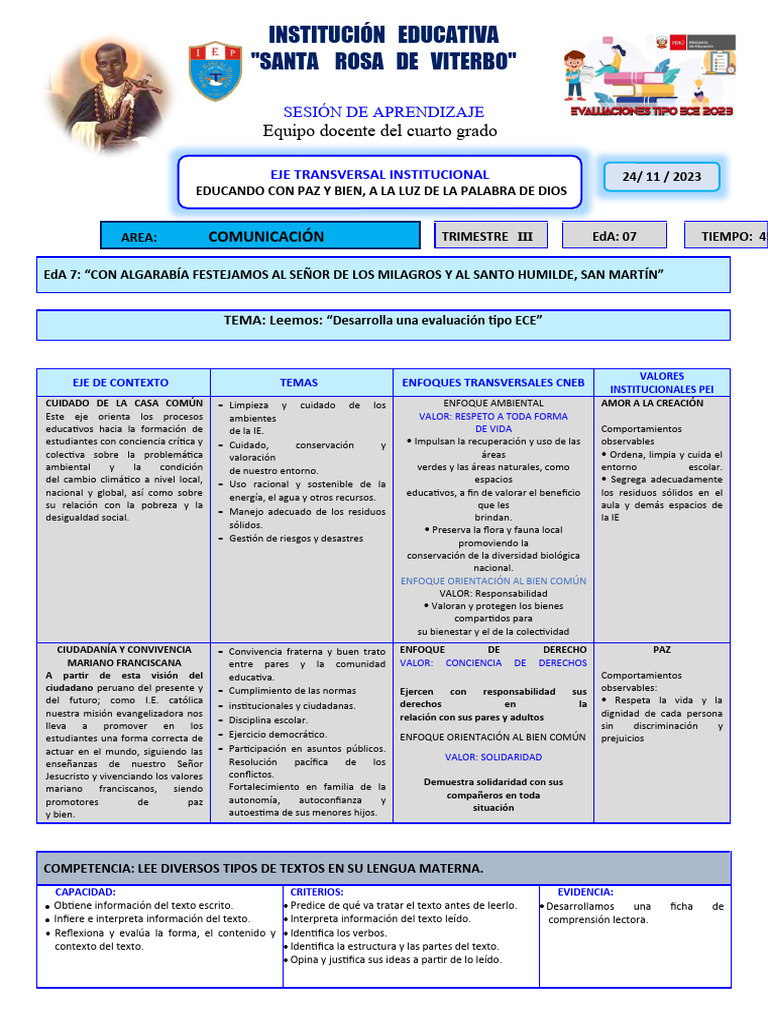 Evaluación Tipo ECE Cuarto Grado | PDF | Evaluación | Aprendizaje