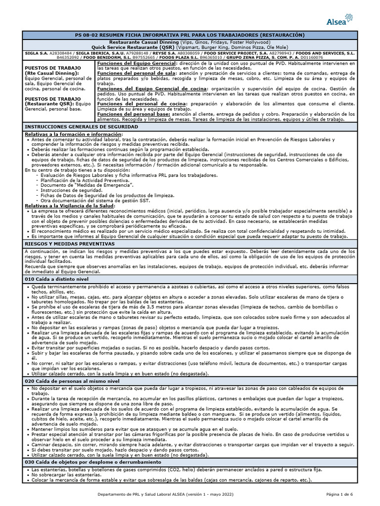 PS 08-03.1 Resumen Ficha Informativa PRL - RESTAURACION | PDF | Estufa ...