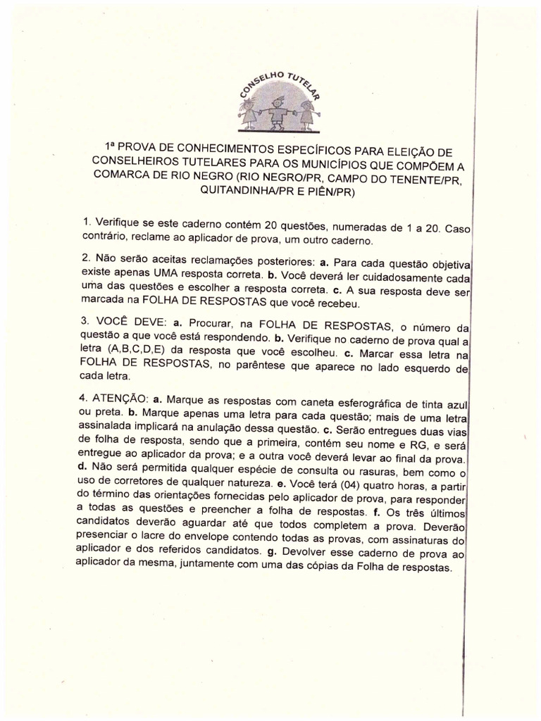 Prova de Conhecimento Eleicao Conselho Tutelar | PDF Prova de Conhecimento Eleicao Conselho Tutelar | PDF