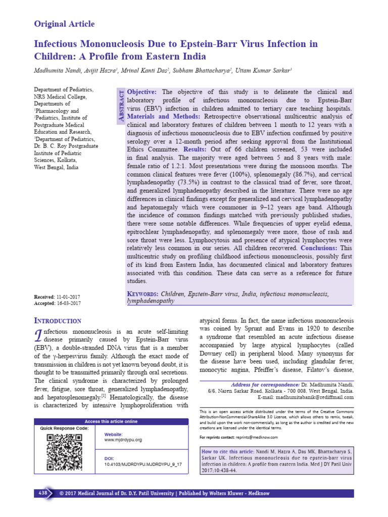 Infectious Mononucleosis Due To Epstein-Barr Virus Infection in ...