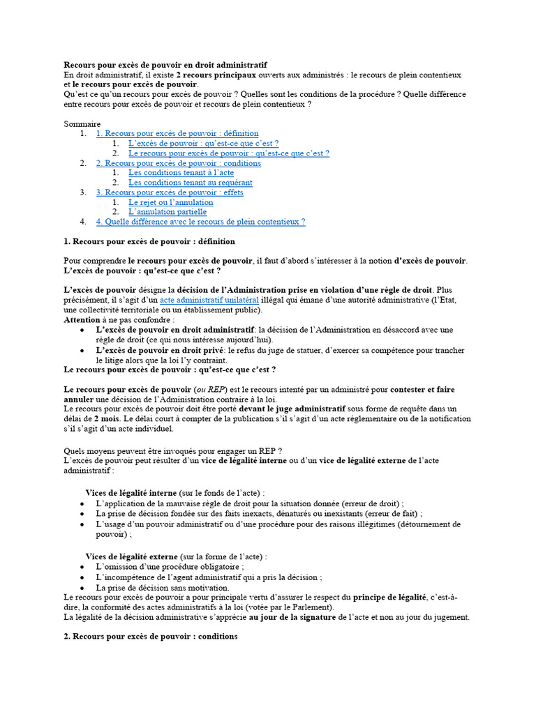 Recours Pour Excès de Pouvoir en Droit Administratif | PDF