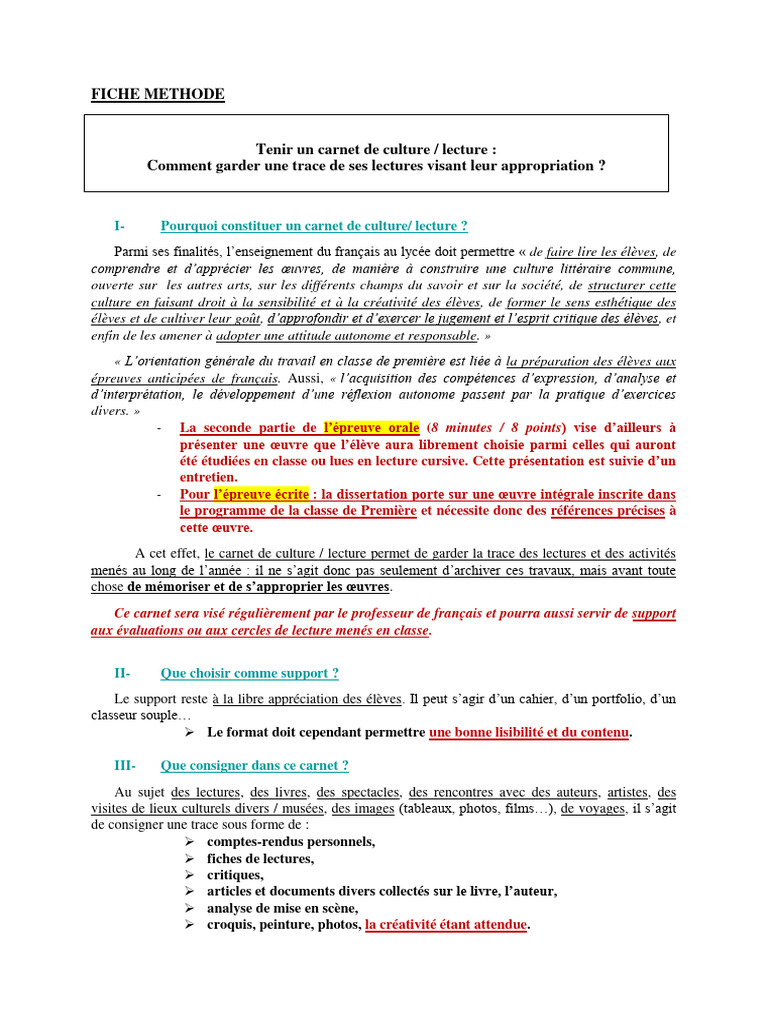 Fiche-méthode-Tenir-un-carnet-de-lecture-lycée | PDF