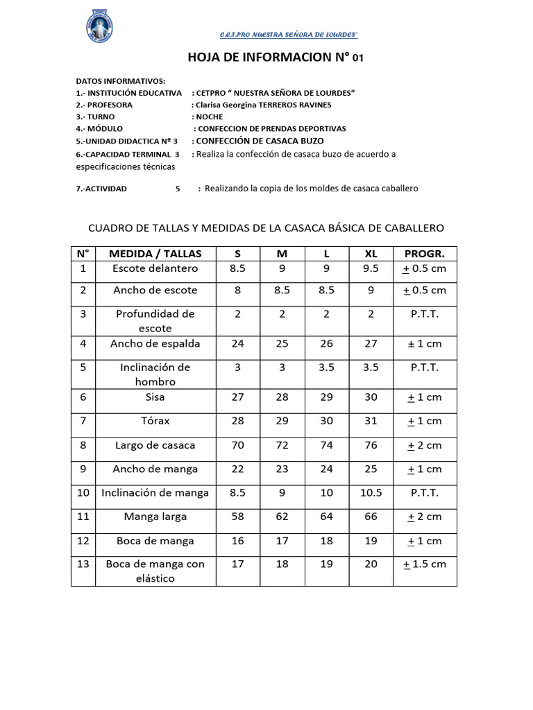 Hoja de Operacion Trazo de Casaca de Caballero | PDF