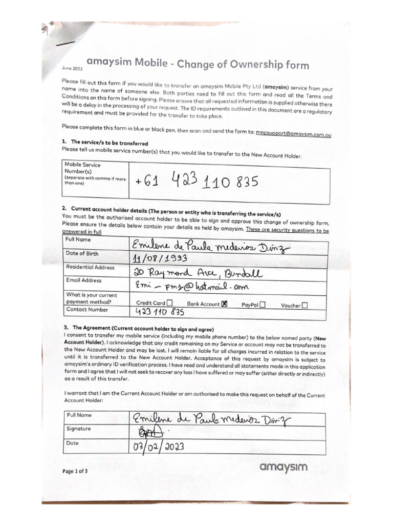 Amaysim Mobile - Change of Ownership Form | PDF