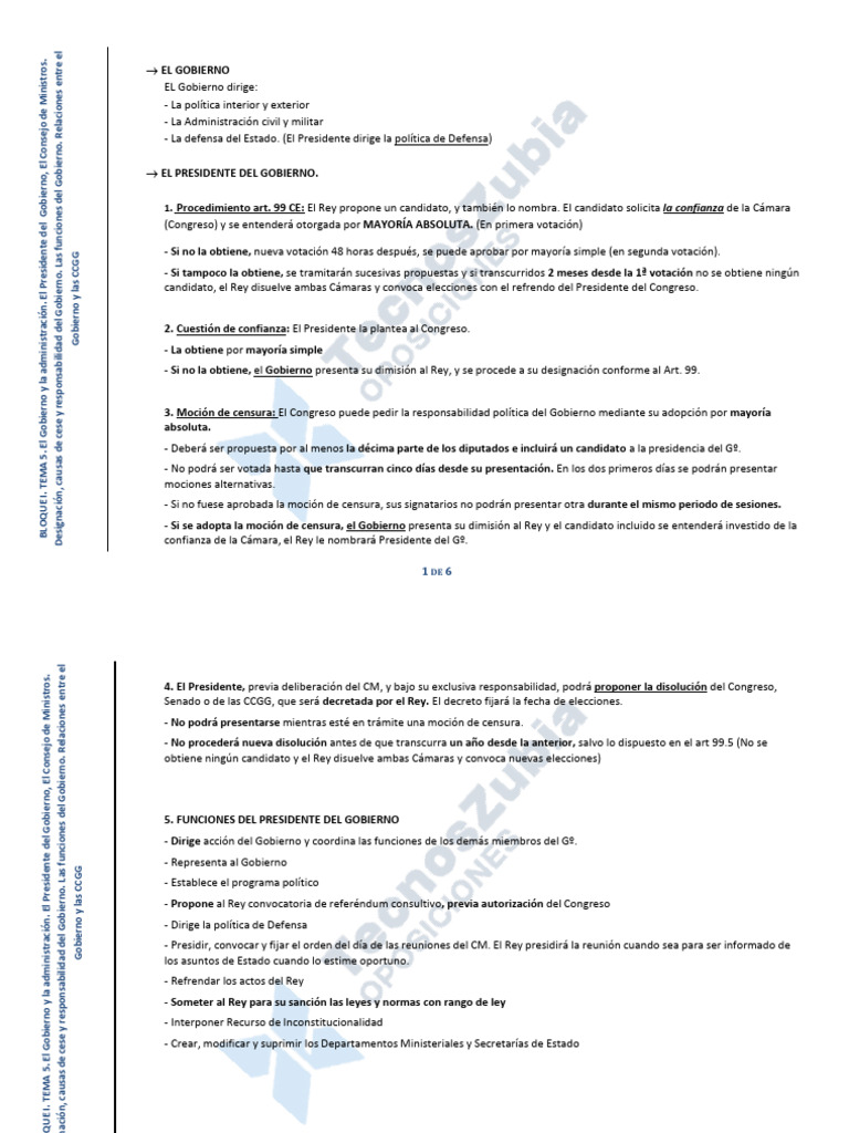 Tema 5. El Gobierno | PDF | Gobierno de españa | España