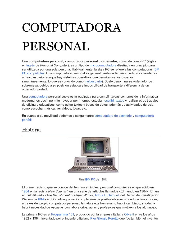 Computadora Personal (Definición e Historia) | PDF | Computadoras ...