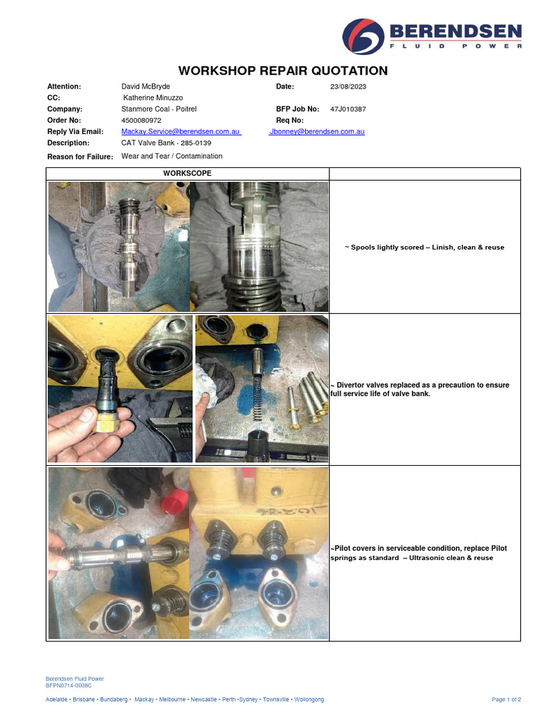CAT Valve Bank 285-0139 - Repair Quote | PDF | Mechanical Engineering