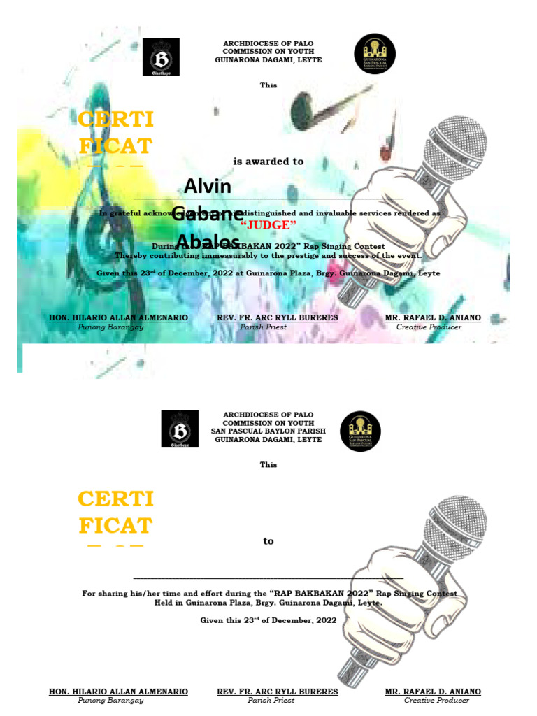 Rap Bakbakan 2022 Contest Certificate | PDF | Performing Arts