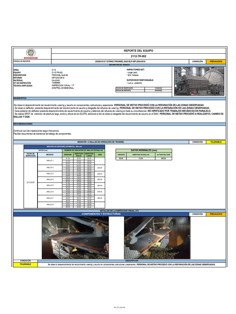 Informe de Inspección Trommel 2023 | PDF