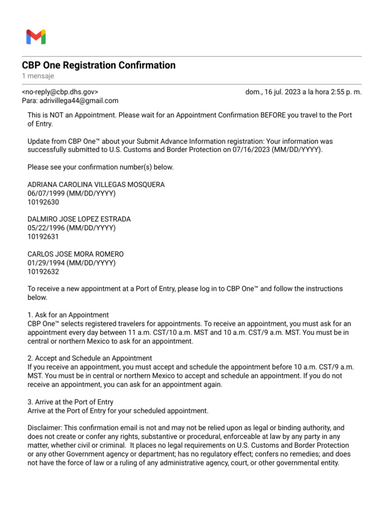 CBP One Registration Confirmation Email | PDF | Social Science