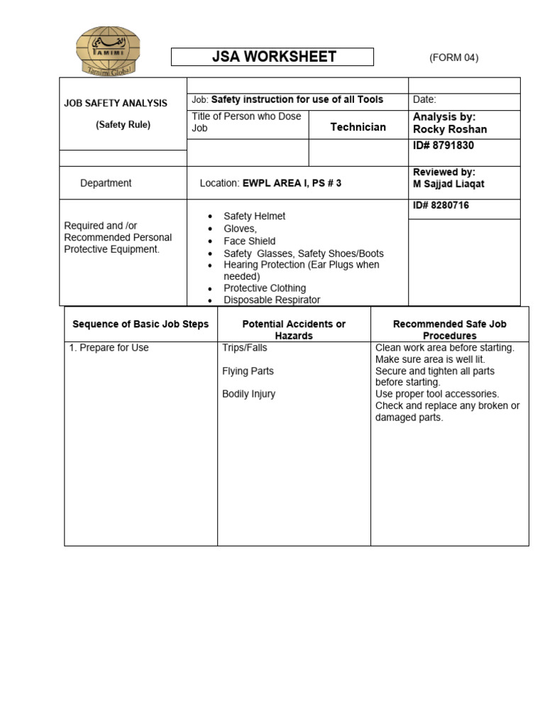 JSA Hand Held Portable Power Tool | PDF | Personal Protective Equipment ...